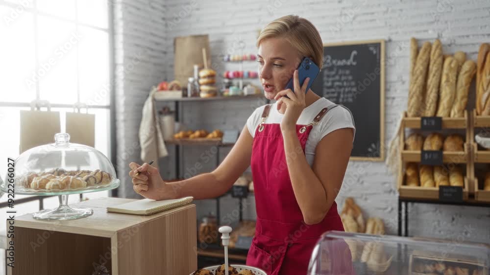 Female baker talking on phone while writing on notepad in a bakery shop ...