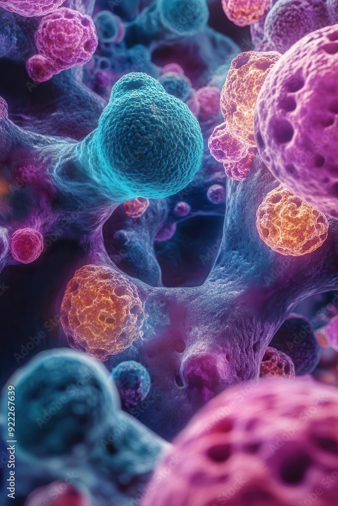 3D microscopic view of cancerous cells in tissue, highly detailed ...