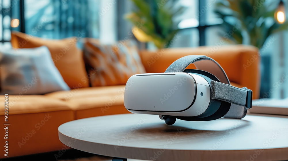 Virtual reality headset placed on a round coffee table in a modern ...
