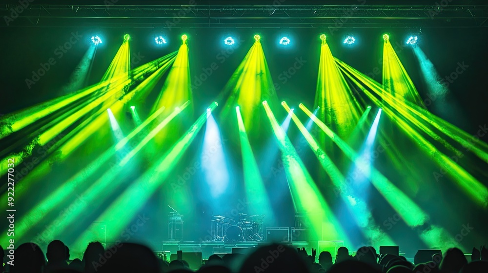 Vibrant concert stage lights with green and yellow beams, highlighting ...