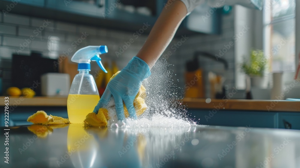 Cleaning home table sanitizing kitchen table surface with disinfectant ...