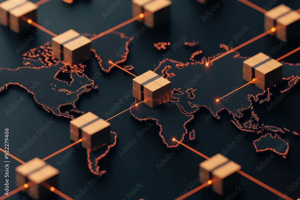 A black background with a map of the world and boxes on it, A global ...