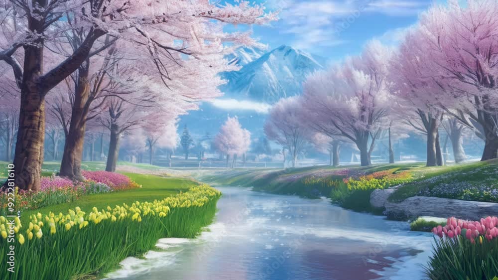 Beautiful spring nature landscape and cherry blossom tree animated ...