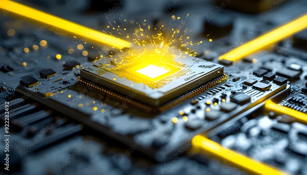 Focus on glowing computer chips to showcase complex circuit design and ...