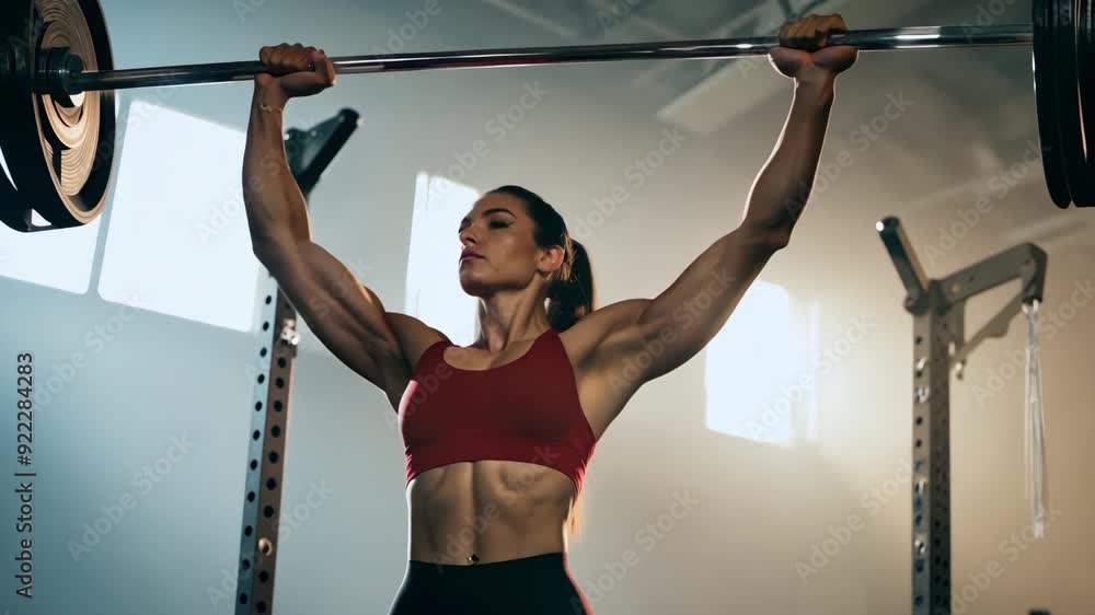 Female athlete doing powerlifting in gym. Girl powerlifter lift heavy ...