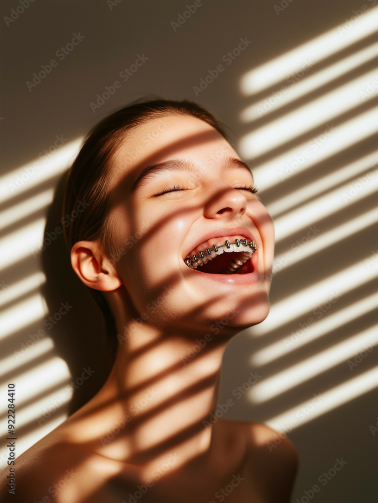 A girl with braces throws her head back in laughter, revealing her ...