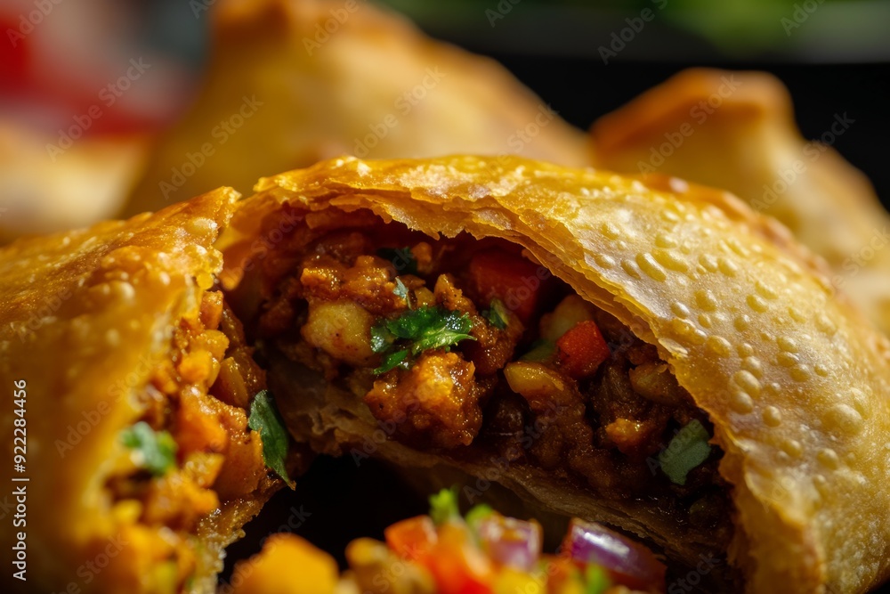samosa being broken open to reveal its spicy filling, with a focus on ...