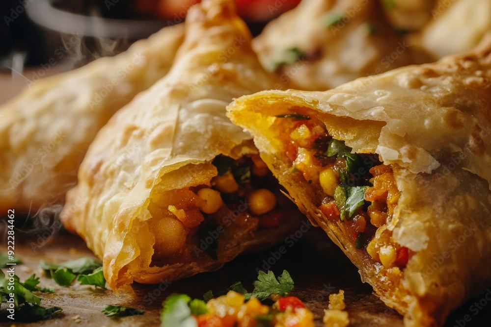 samosa being broken open to reveal its spicy filling, with a focus on ...