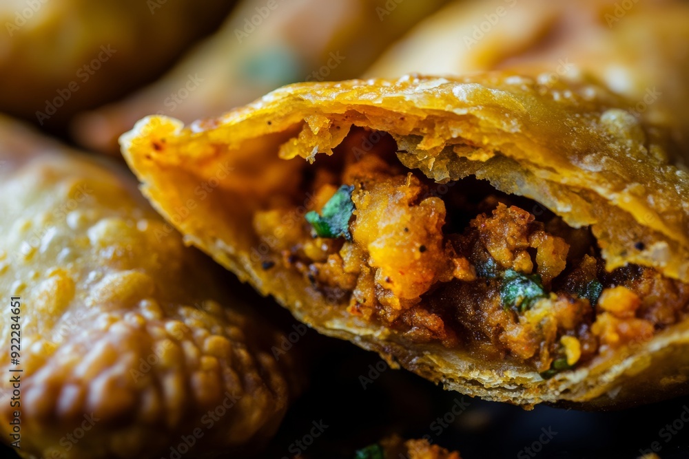 samosa being broken open to reveal its spicy filling, with a focus on ...
