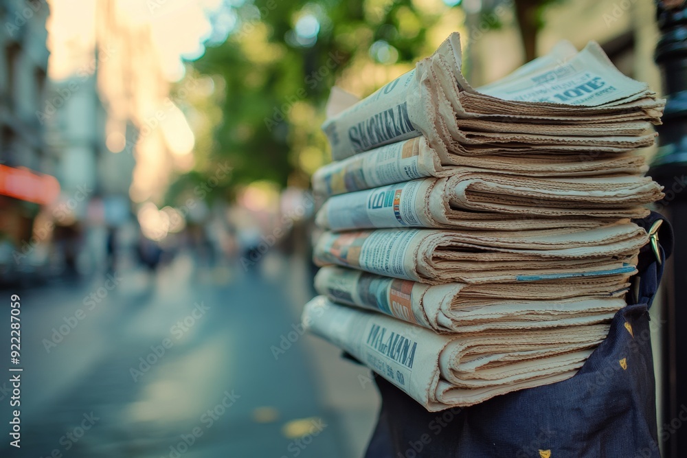 stack of newspapers stacked neatly in a carrier's delivery bag, with a ...