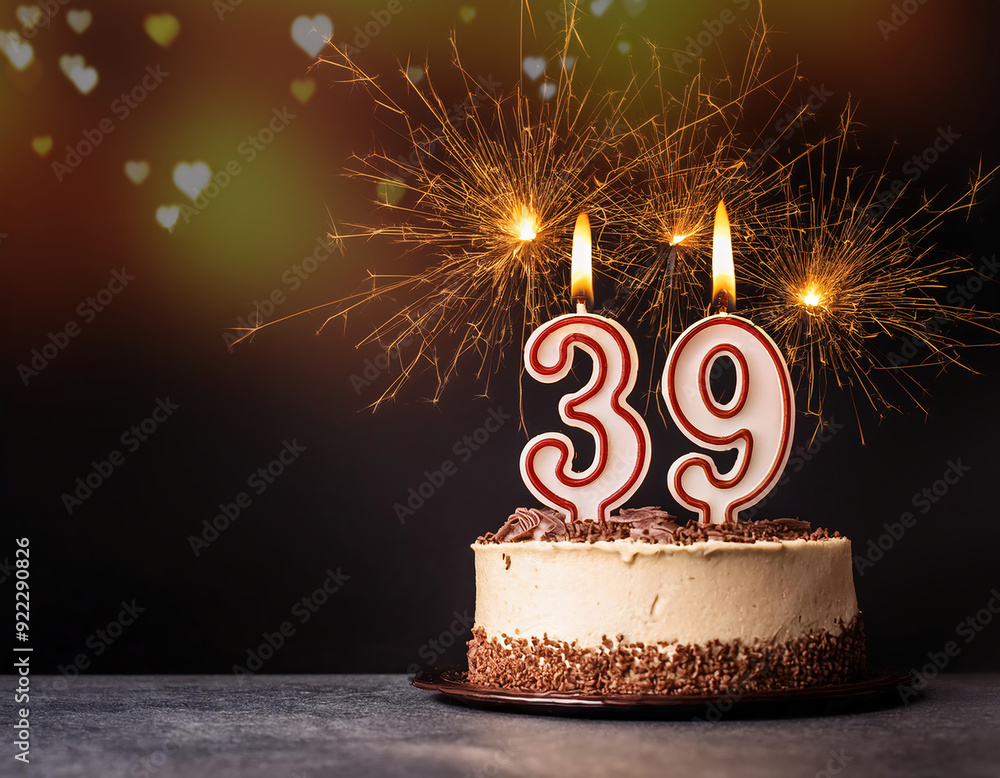 Birthday cake with 39 years birthday candle on dark background with ...