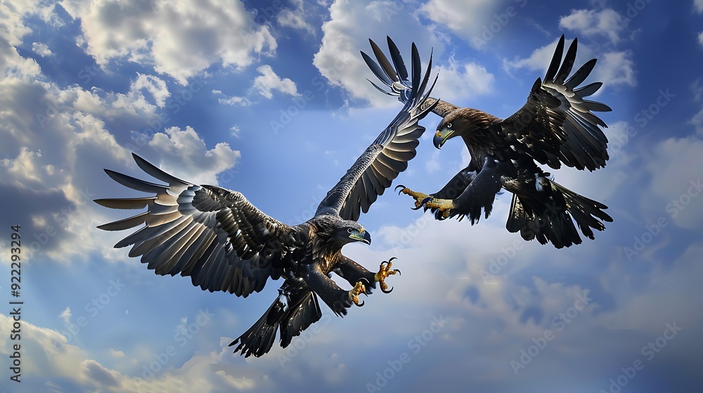 Pair of eagles locked in a midair battle over territory their talons ...