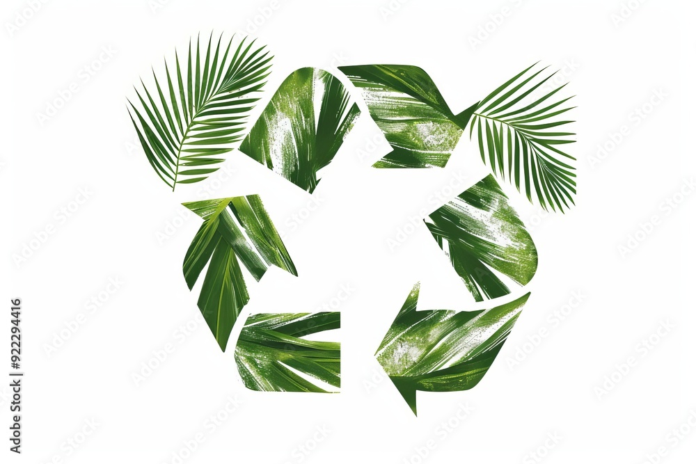 Recycling symbol made from lush green tropical leaves on a clean white ...