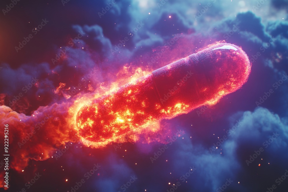 Explosive image of a glowing capsule breaking apart in a fiery burst ...