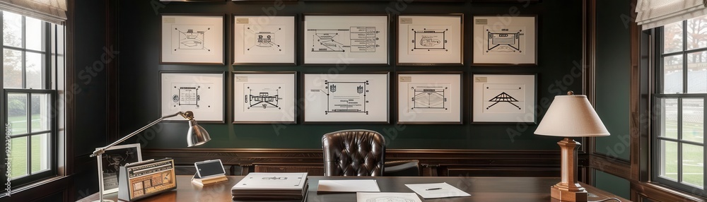 Coachs office filled with framed diagrams of famous American football ...