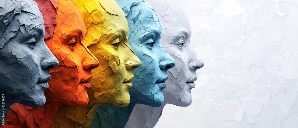 Abstract Art of Five Faces in Profile with Vivid Colors and Textured ...