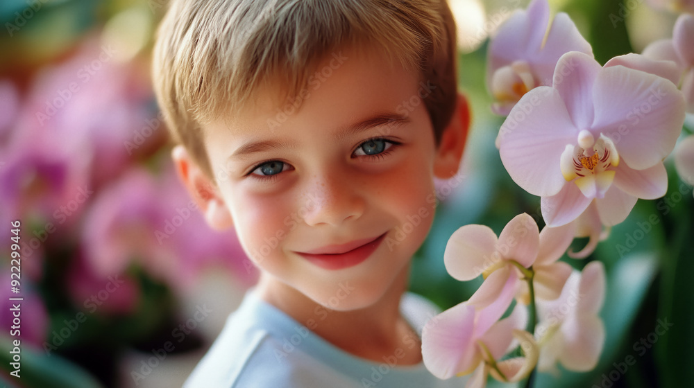 child and orchid, kid with orchid plant, orchid child, youth tending to ...
