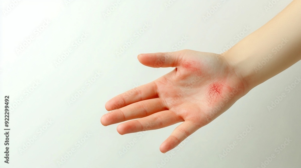 Close-up of a human hand with visible minor injuries, including redness ...