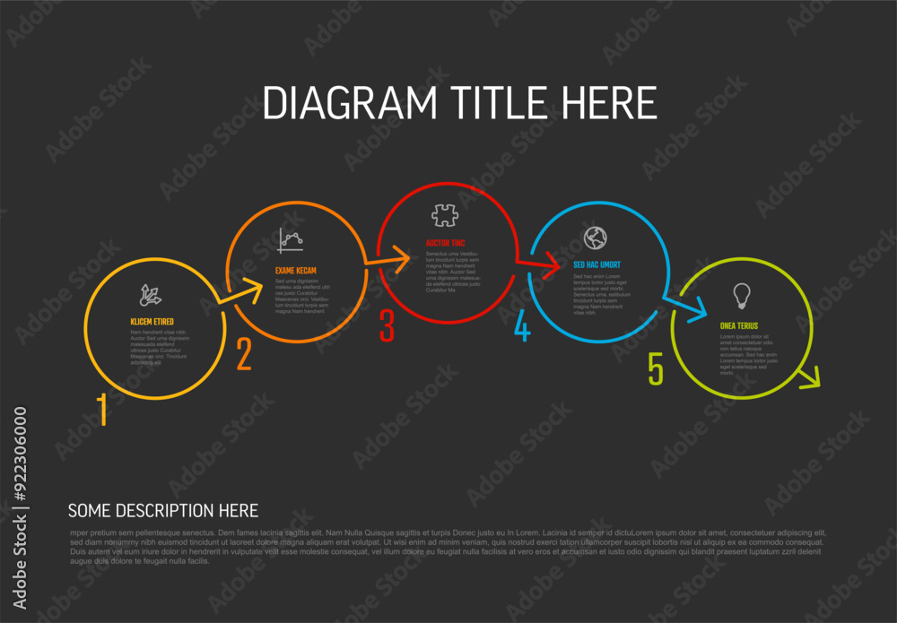 Horizontal simple five steps infographic schema template made from thin ...