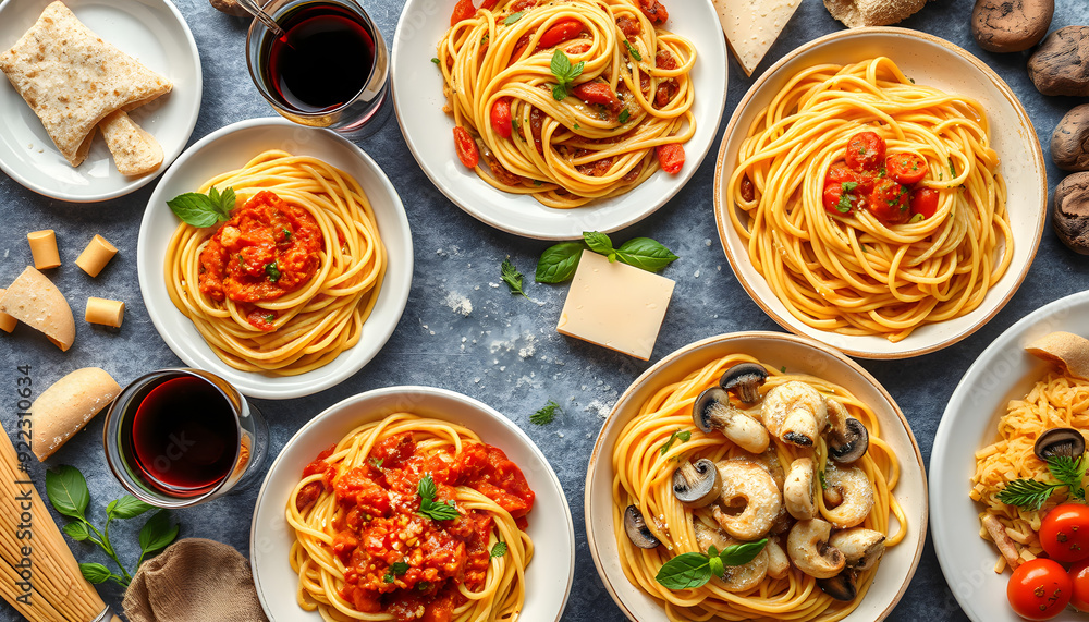 Pasta variety. Italian food and drinks, overhead flat lay shot ...