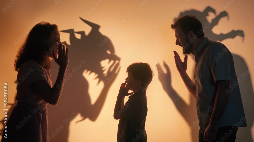 The child's parents are arguing, and the child stands there, covering ...