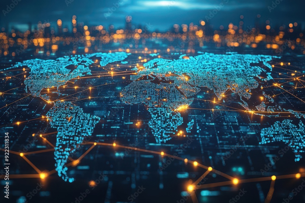 global network visualization glowing connection lines link continents ...