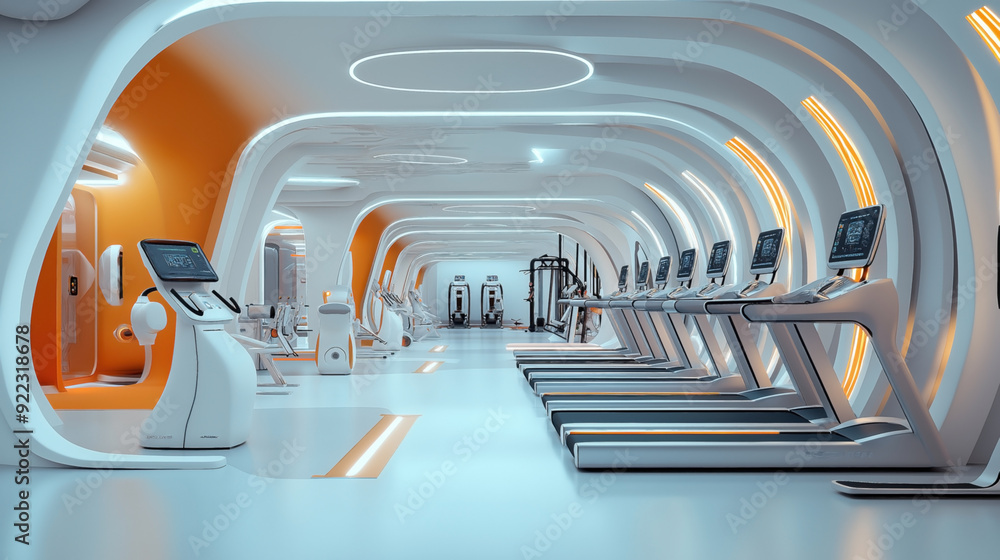 Futuristic gym interior with modern exercise equipment, including ...