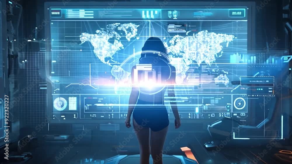 A young woman exercises on a treadmill in a modern room filled with ...