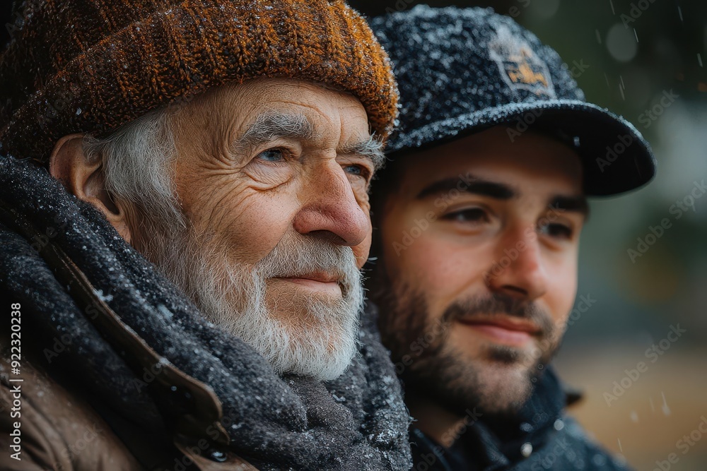 heartwarming portrait of elderly father and adult son embracing genuine ...