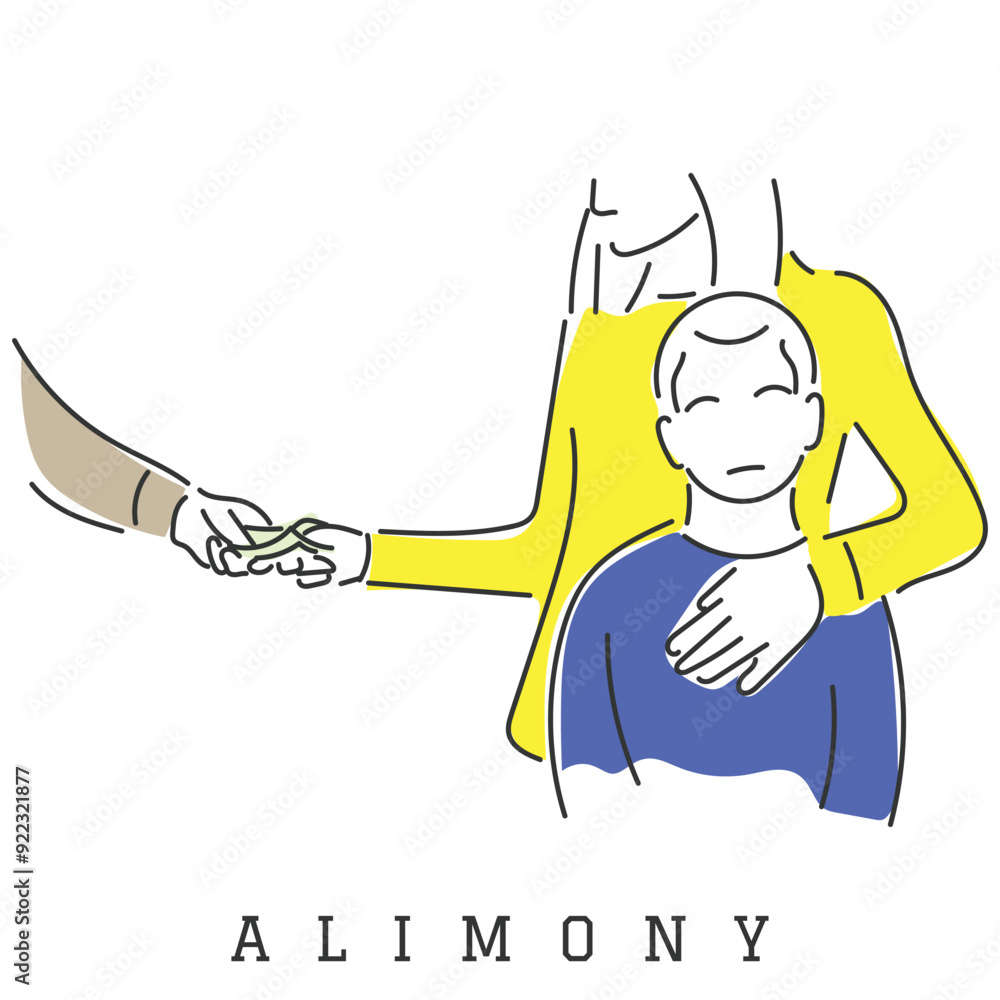 hand drawn line art vector of a woman with her child taking alimony ...