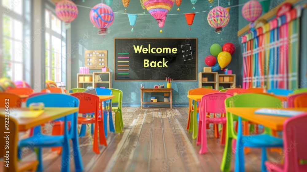 classroom with a blackboard that says welcome back. back to school ...