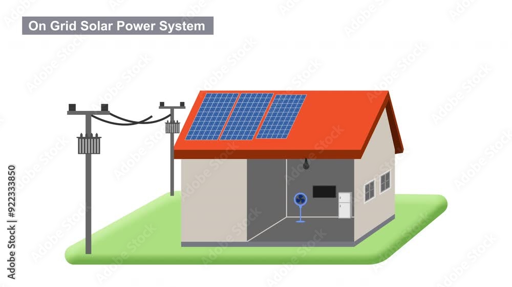 animated solar cell diagram on house. on grid solar power system ...