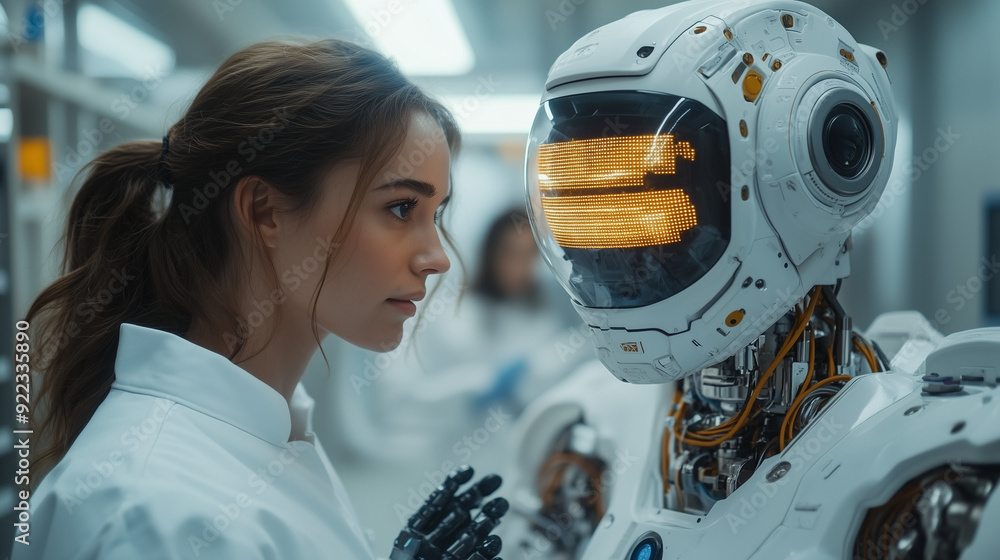 Humanity Meets Robotics: A female scientist observes a humanoid robot ...