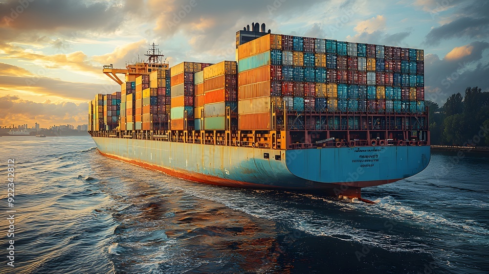 Large cargo ship in ocean at sunset, filled with multicolored shipping ...