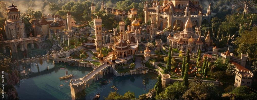 Fantasy landscape with a medieval castle, moat, fortified walls, towers ...