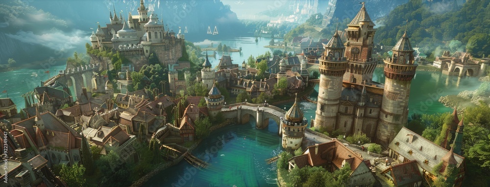 Fantasy landscape with a medieval castle, moat, fortified walls, towers ...