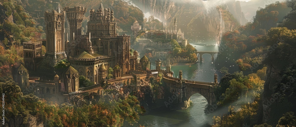 Fantasy landscape with a medieval castle, moat, fortified walls, towers ...