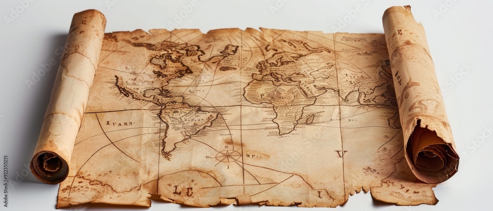 Vintage pirate treasure map rolled up on a pristine white background ...