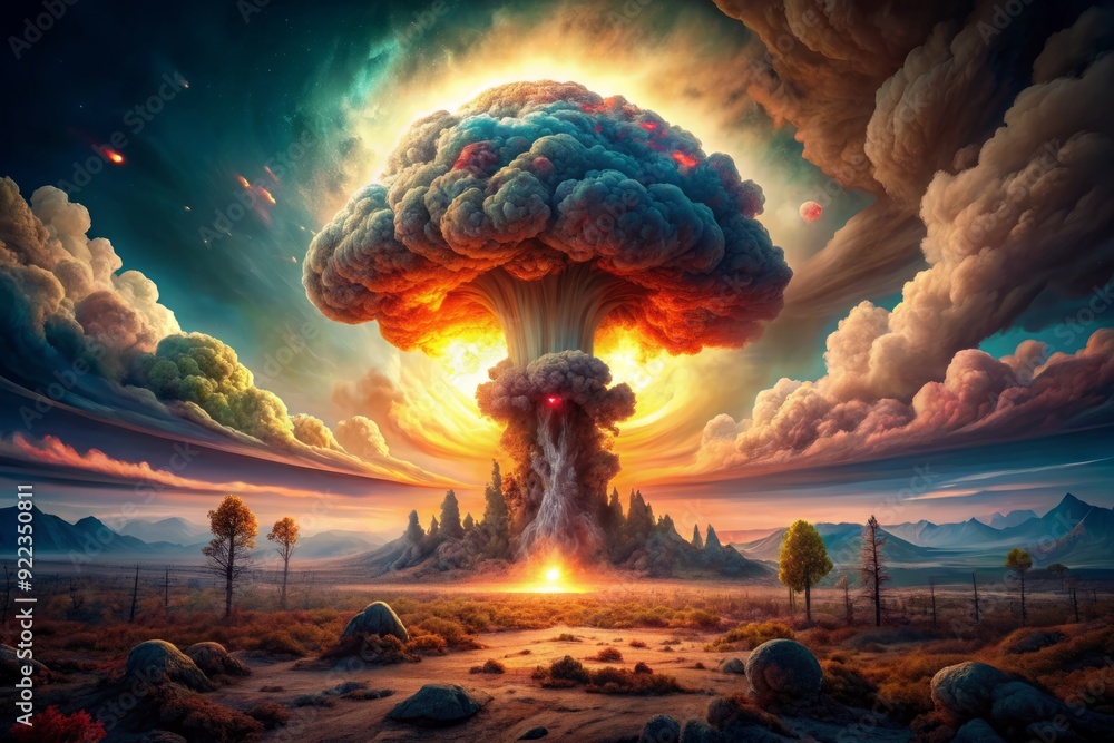 Apocalyptic digital art depiction of massive nuclear explosion erupting ...