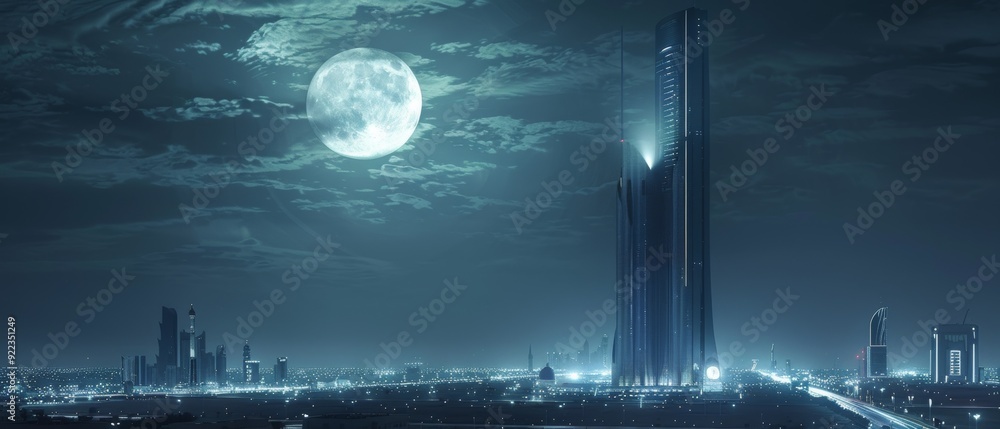 Stunning view Kingdom Tower in Riyadh, illuminated under a moonlit sky ...