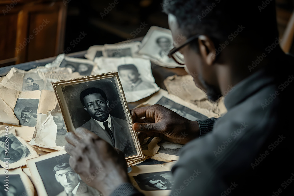 African American male analyzing old family photographs for genealogy ...