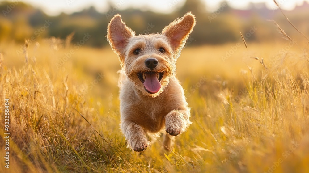 Excited dog running through a field of tall grass, ears flopping and ...
