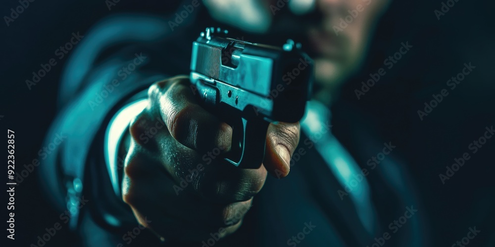 Dark alley scene with man pointing gun, conveying tension and potential ...