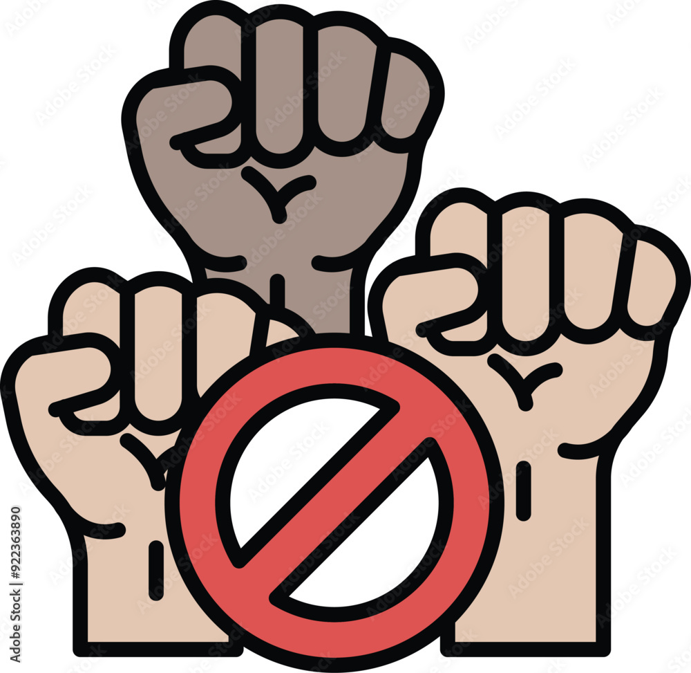 A black and white image of three hands holding up a no sign. The image ...