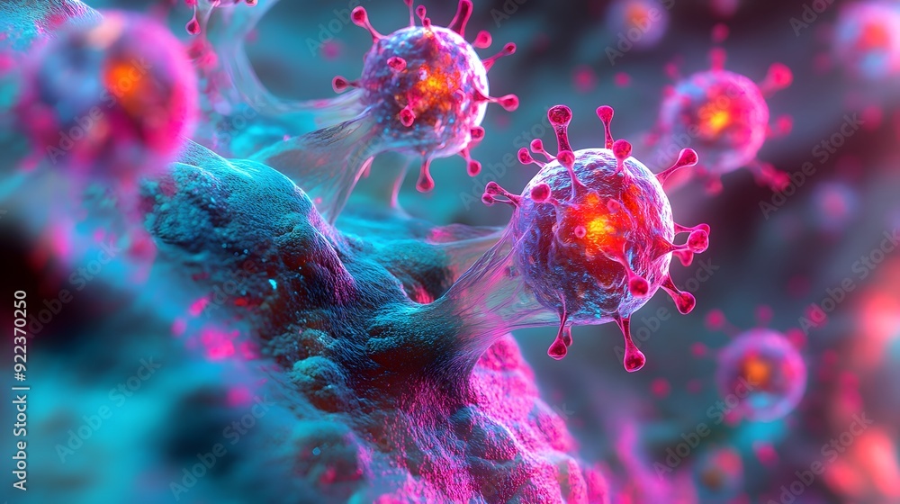 Microscopic view of virus infecting cells, 3D illustration, medical ...