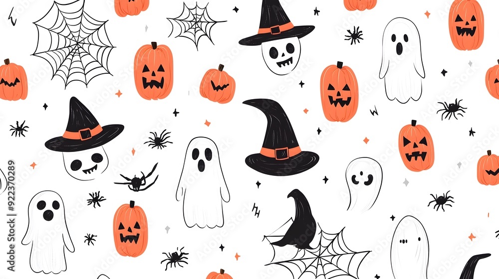 Halloween seamless doodle pattern, witches' hats, spider webs, tiny ...