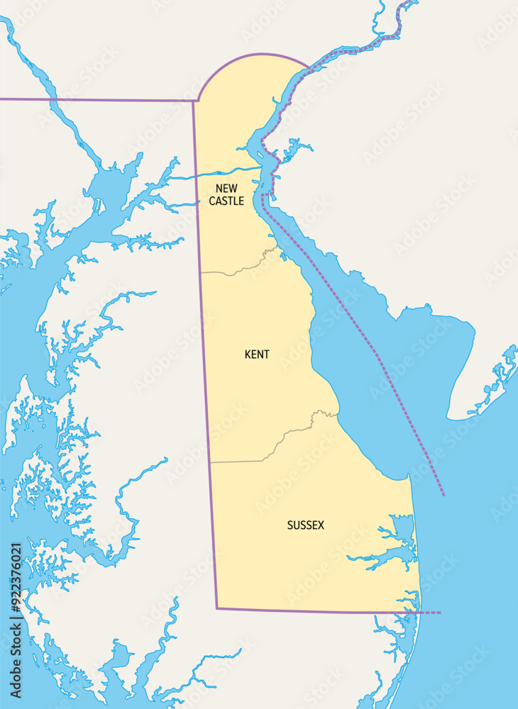 Delaware, U.S. state, political map with borders and county names ...