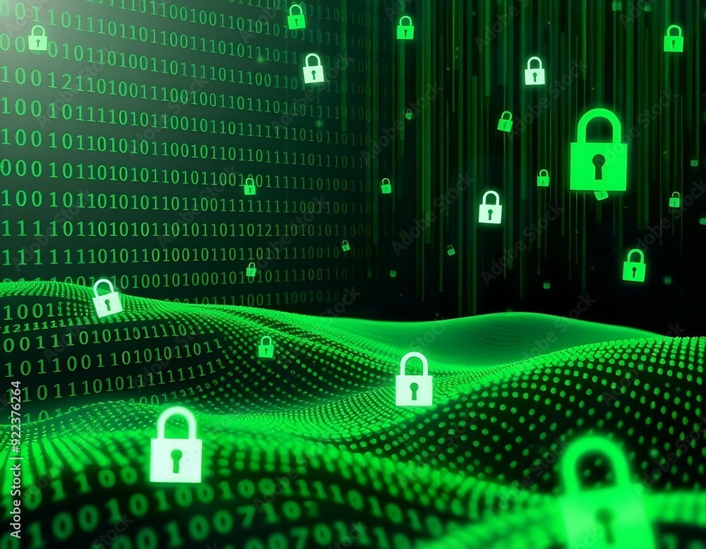 digital landscape with a matrix of binary code cascading in green and ...