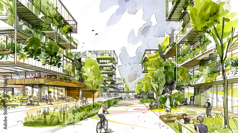 watercolor sketch of green urban development with eco-friendly ...