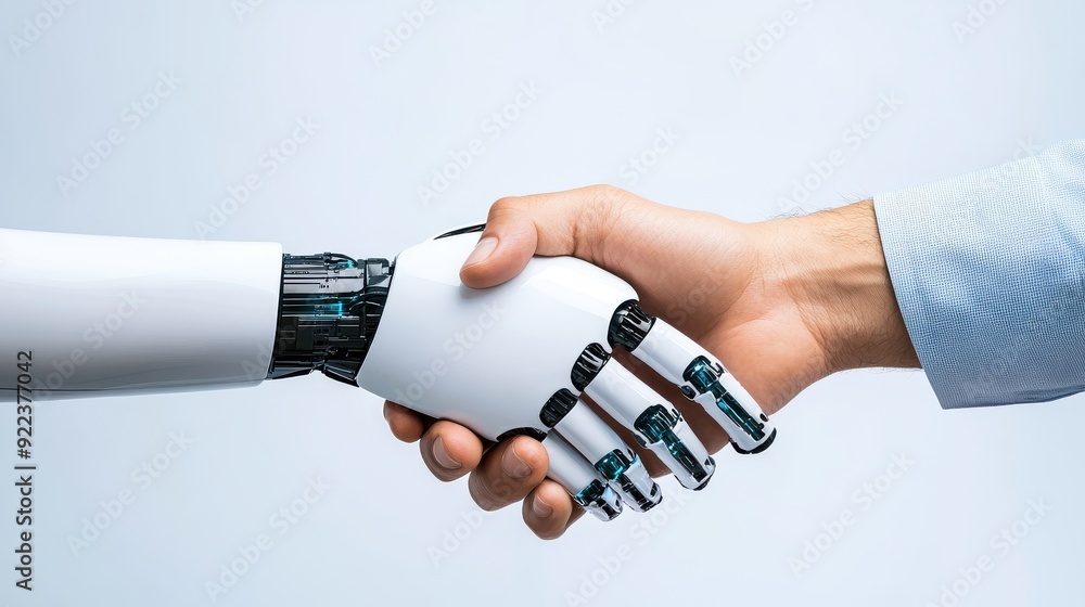 A human hand shaking hands with an AI-powered robotic hand, symbolizing ...
